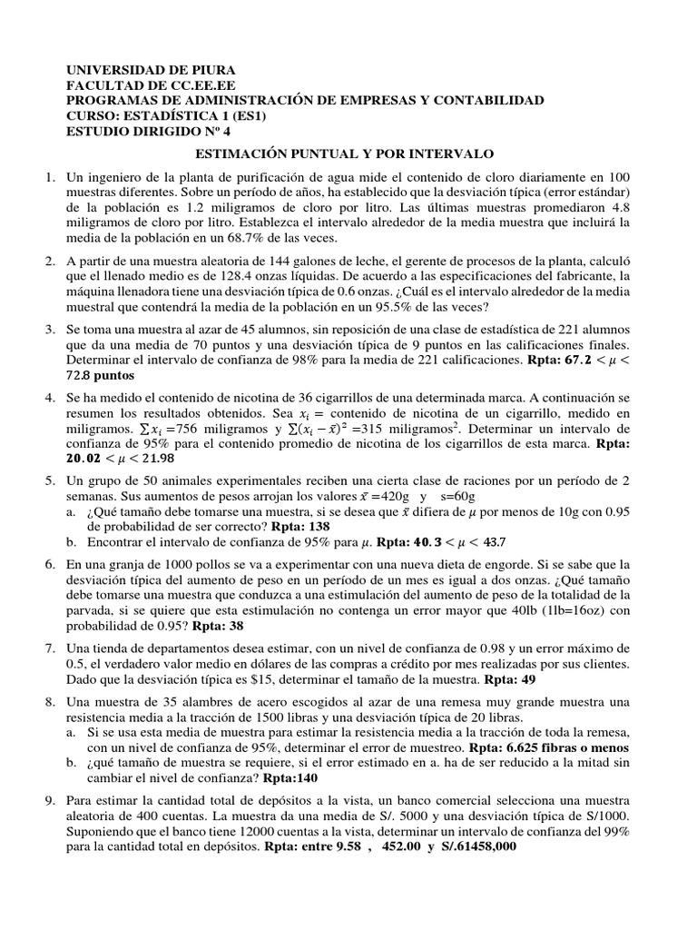 Ejercicios de Estimación Puntual y Por Intervalo | PDF | Intervalo de confianza | Desviación ...