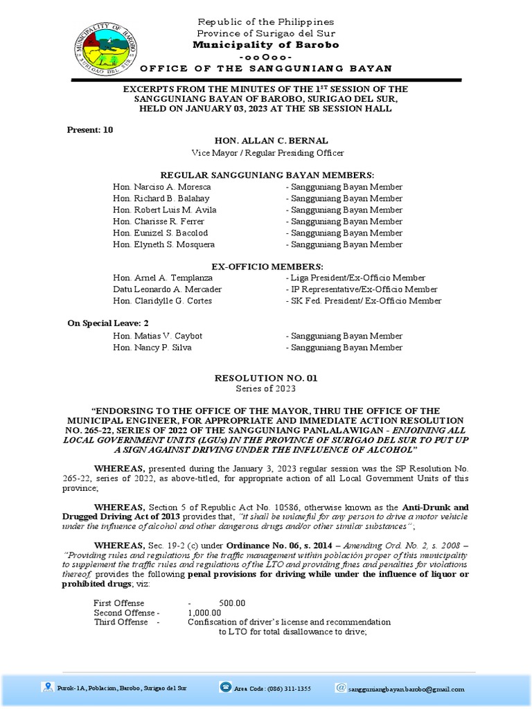 Resolution No. 1, S. 2023 - Endorse To Mayor, Thru Engr. Office ...