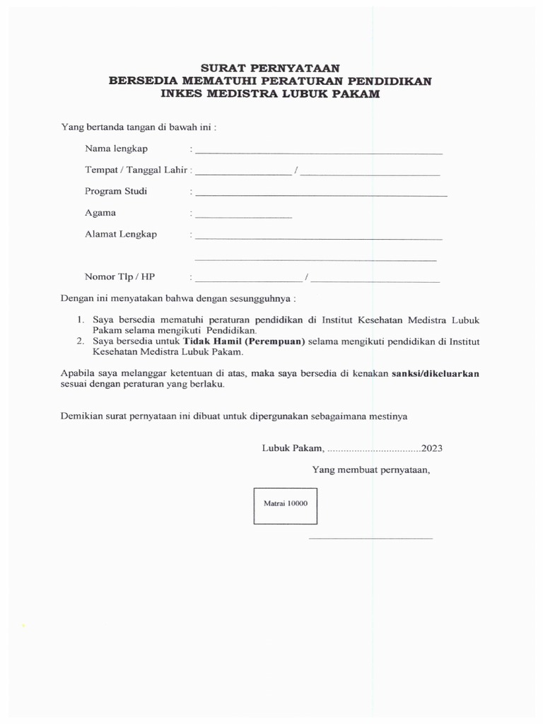 Surat Pernyataan Bersedia Mematuhi Peraturan Pendidikan | PDF