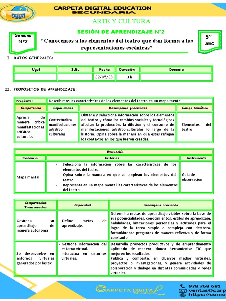 5° Sesión de Aprendizaje Sesión 2-Sem.2-Exp.3-Arte y Cultura | PDF | Aprendizaje | Evaluación