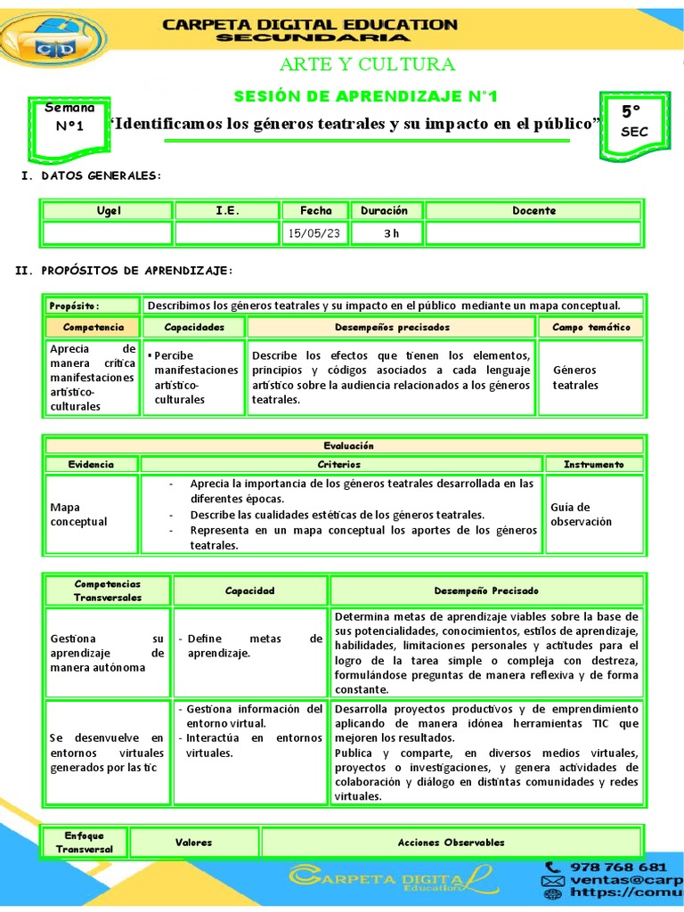 5° Sesión de Aprendizaje Sesión 1-Sem.1-Exp.3-Arte y Cultura | Descargar gratis PDF ...