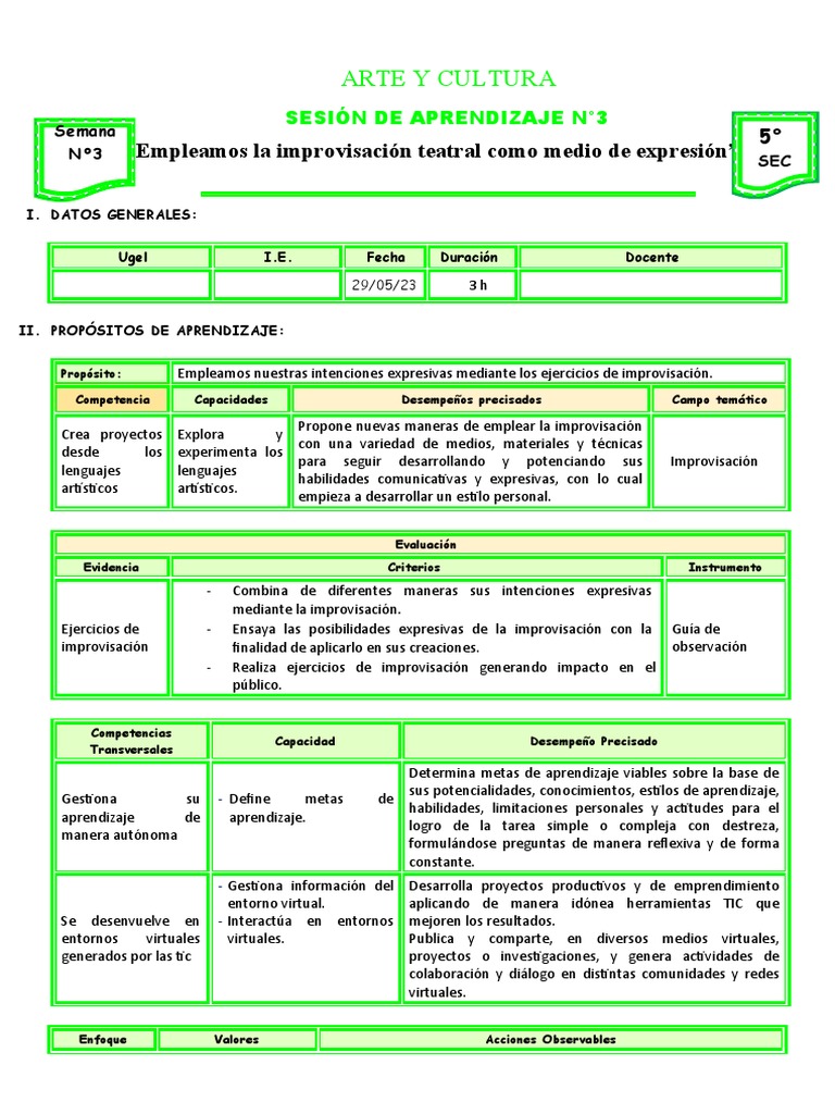 5° SESIÓN DE APRENDIZAJE SESIÓN 3-SEM.3-EXP.3-ARTE Y CULTURA (1) | PDF | Aprendizaje | Improvisación