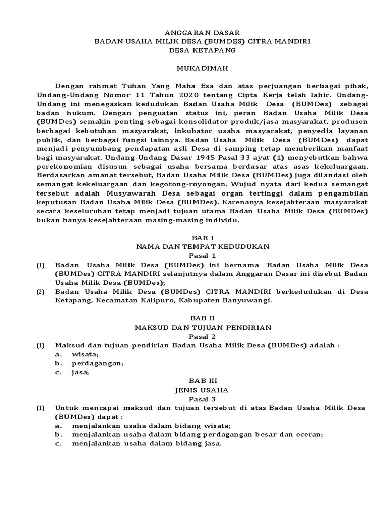 Anggaran Dasar Bumdes | PDF