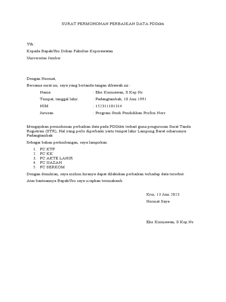 SURAT PERMOHONAN PERBAIKAN DATA PDDikti | PDF