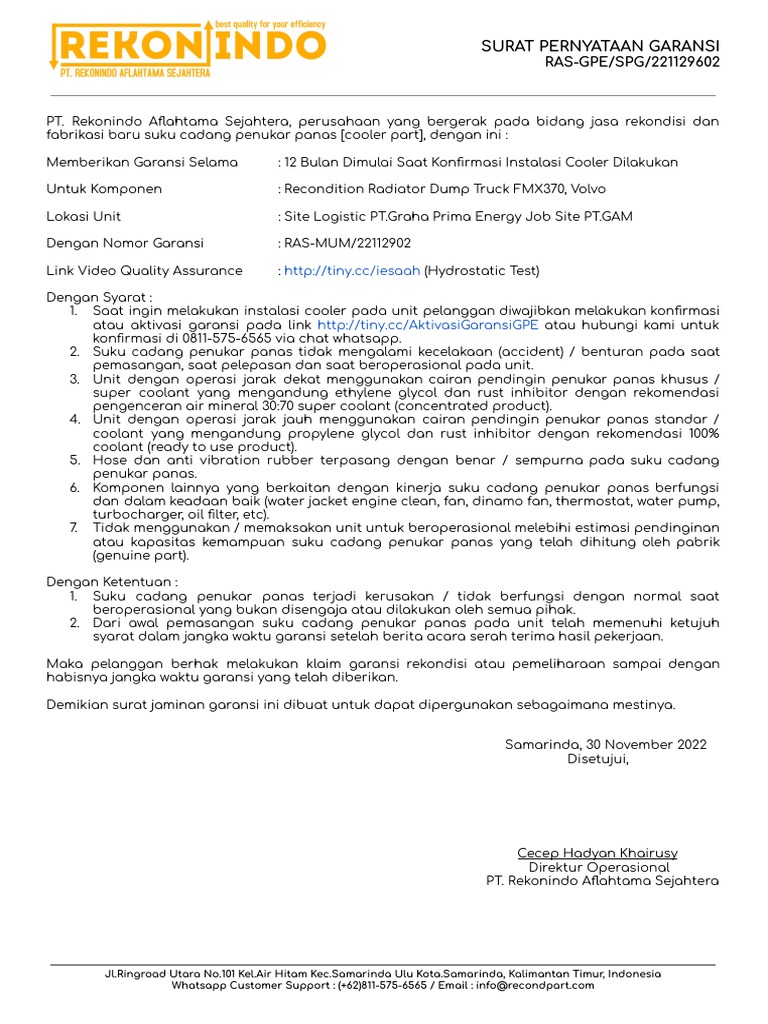 Surat Pernyataan Garansi GPE 221129602 | PDF