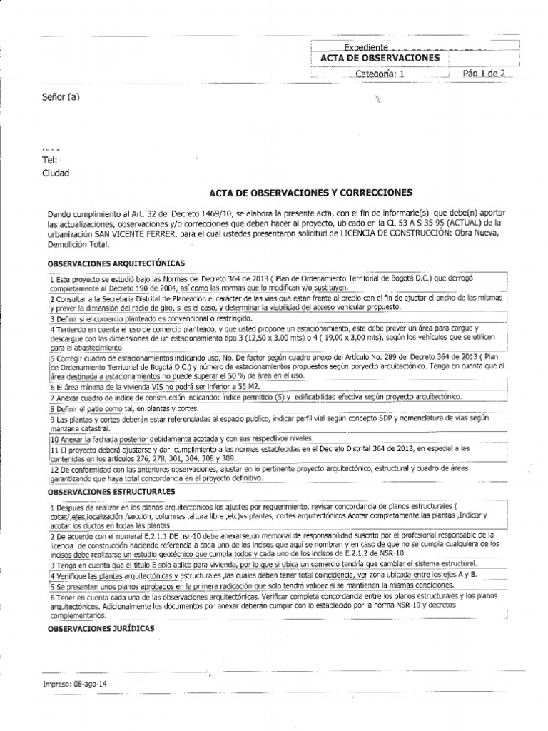 Acta - Observaciones y Correcciones | PDF