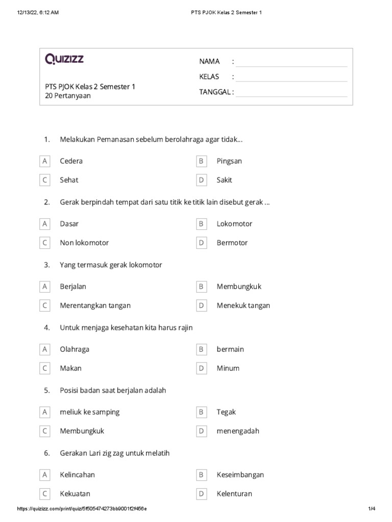 PTS PJOK Kelas 2 Semester 1 | PDF