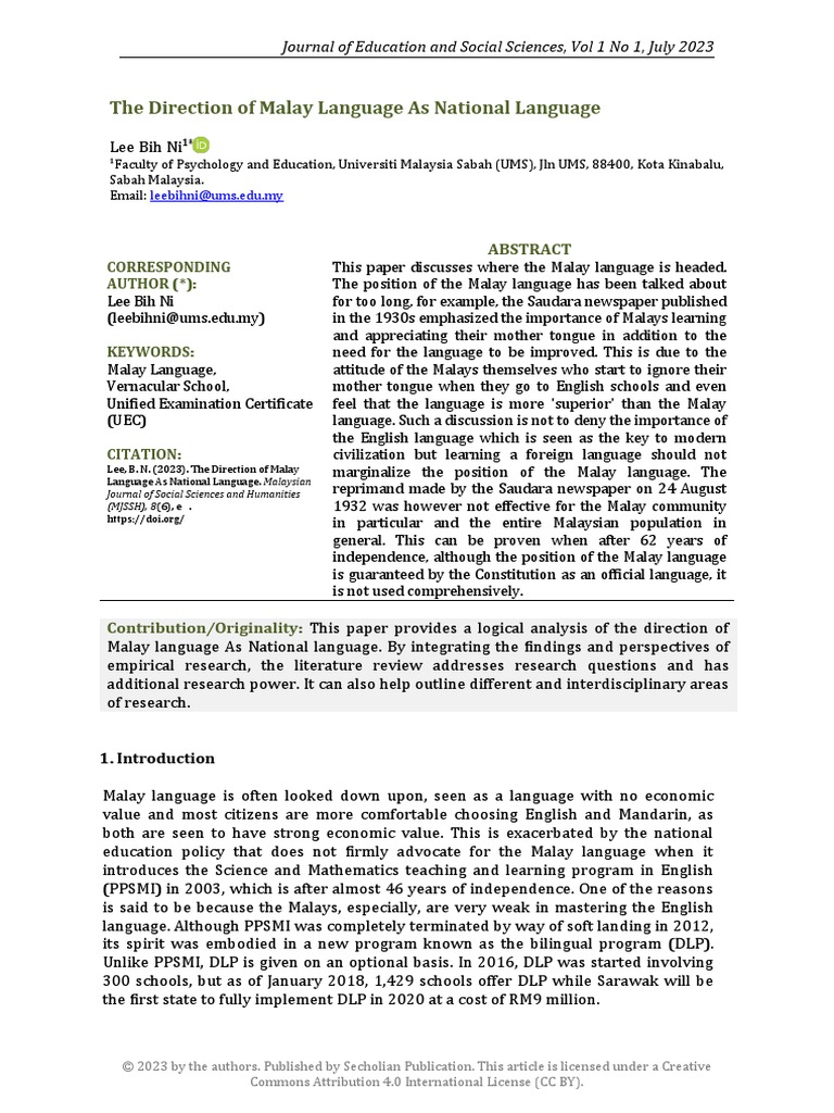 The Direction Of Malay Language As National Language Pdf Malaysia