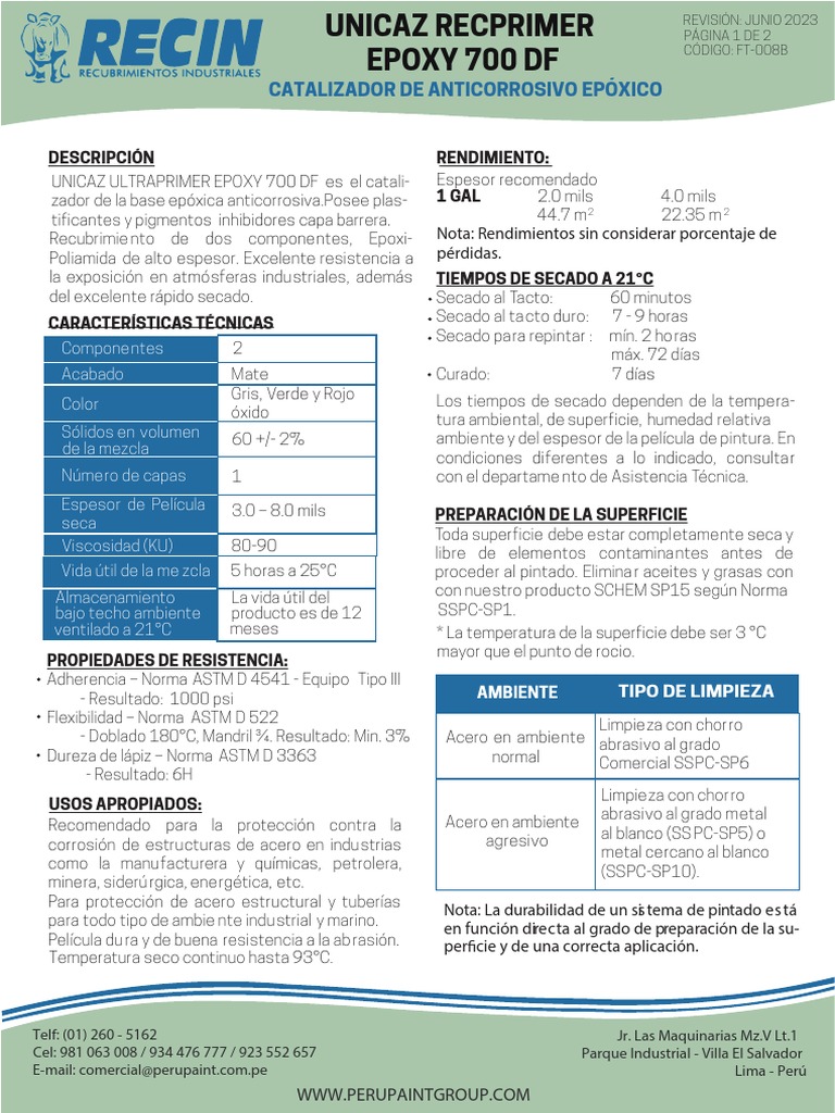 FT-008B Unicaz Recprimer Epoxy 700 DF | PDF | Epoxy | Acero