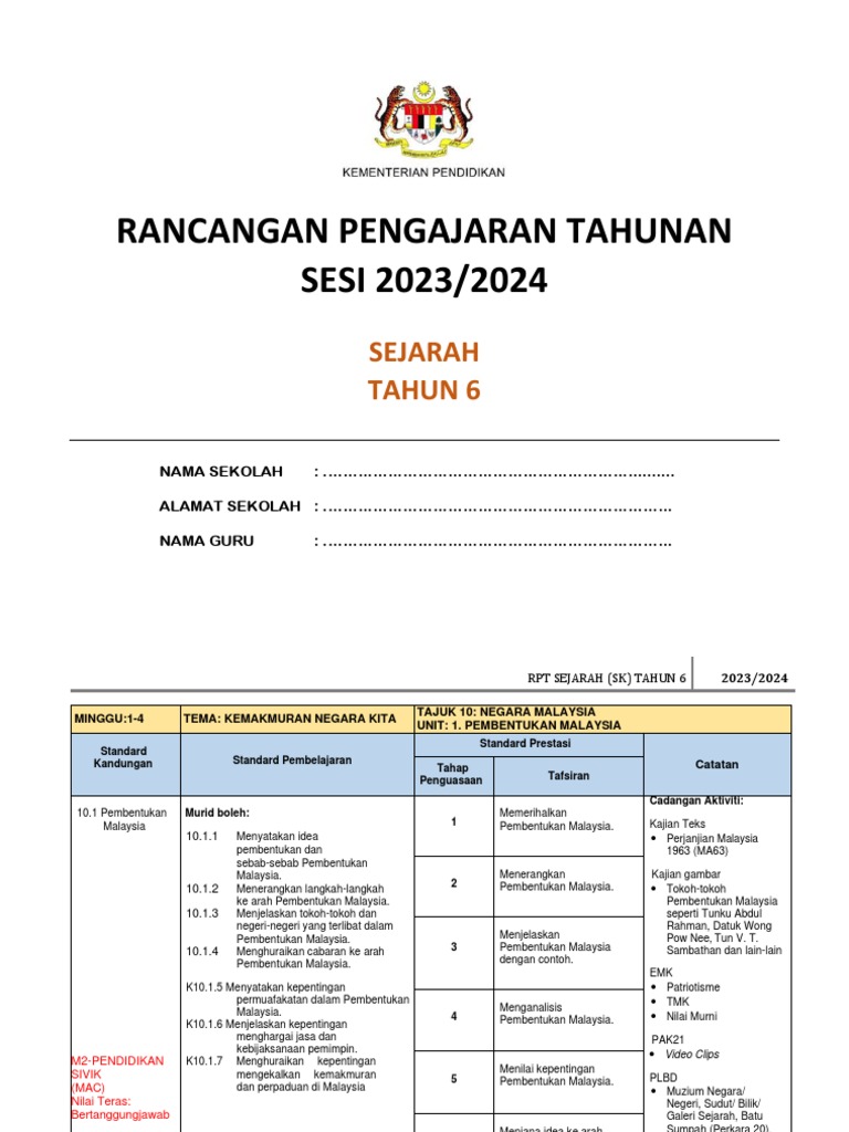 RPT Sejarah THN 6 2023-2024 | PDF