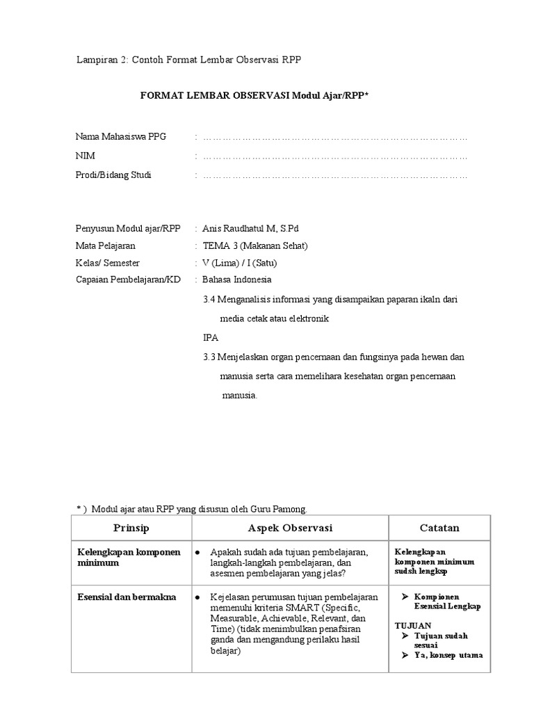Lampiran 2 - Contoh Format Lembar Observasi RPP | PDF