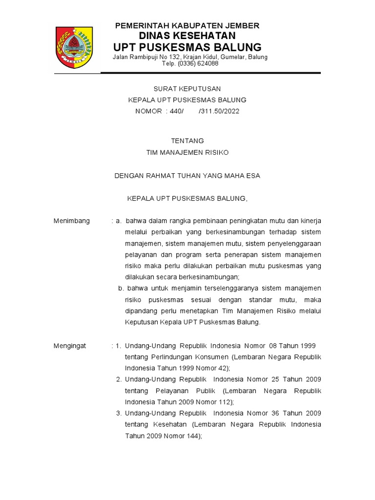 SK Tim Manajemen Risiko Balung | PDF