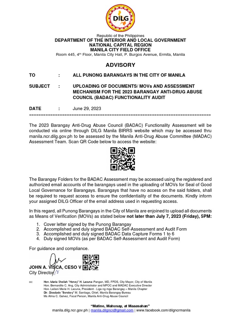 Signed - Advisory Punong Barangays BADAC Functionality Audit 2023 Cs 1 | PDF | Manila