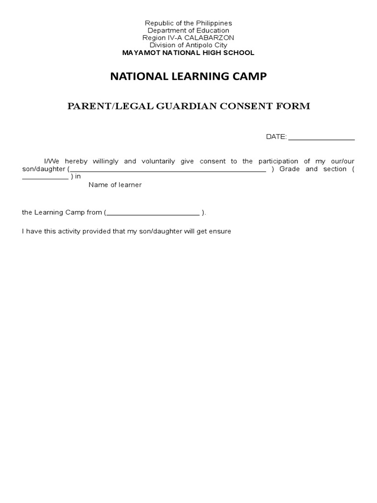 Parent Consent For Learning Camp | PDF