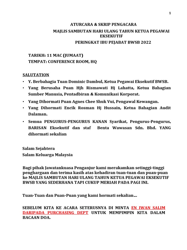 Skrip Mc Untuk Birthday Ceo 2022 | PDF