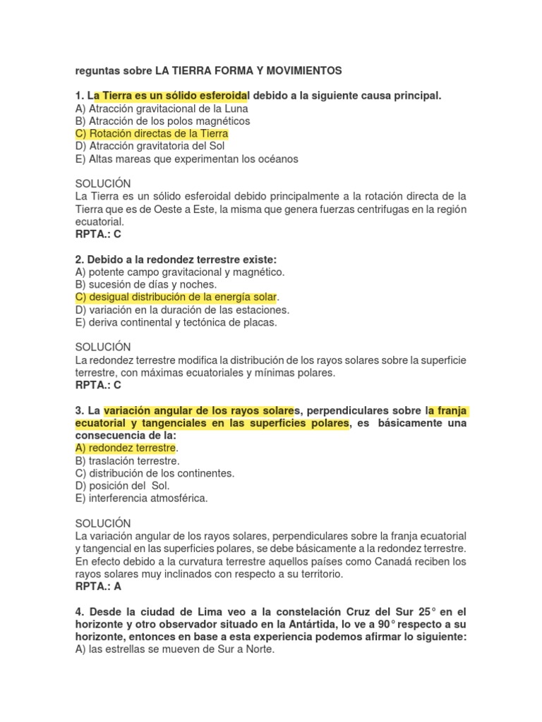 La Tierra Forma y Movimientos Preguntas | PDF | Tierra | Ecuador