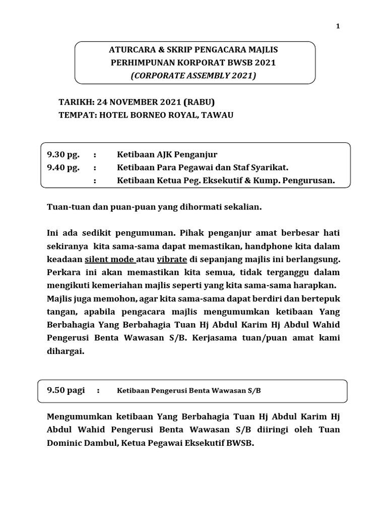 Skrip MC Perhimpunan Korporat 2021 + Chairman | PDF | Karier & Perkembangan