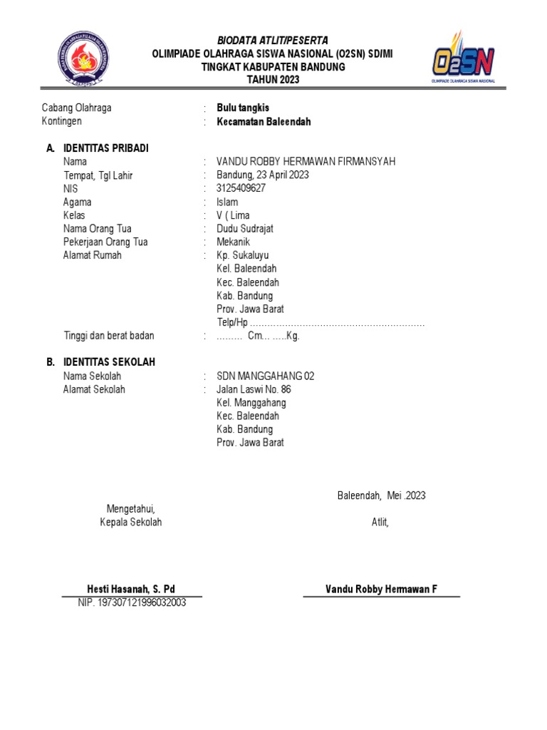 Form Pendaftaran Atlit O2SN 2023 | PDF