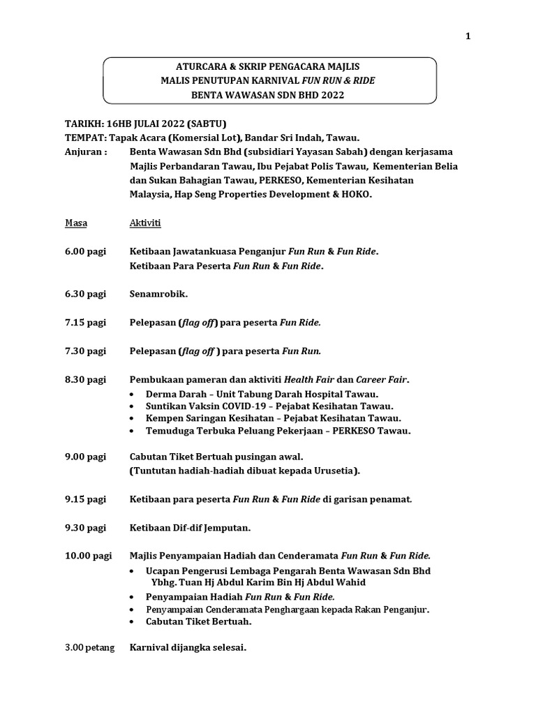 Skrip MC Acara Rasmi Fun Run & Ride 2022 | PDF