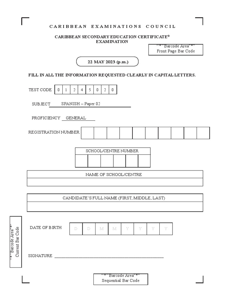 CSEC Spanish P2 June 2023 | PDF | Barcode