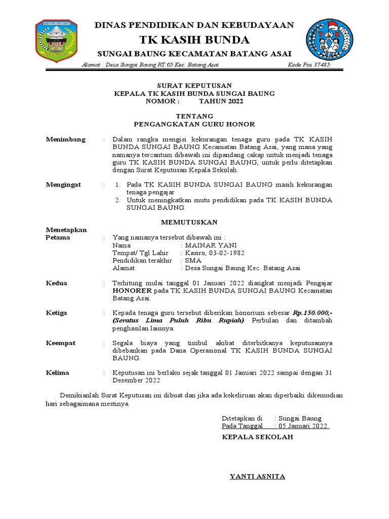 Pengangkatan Guru Honorer 2022 | PDF