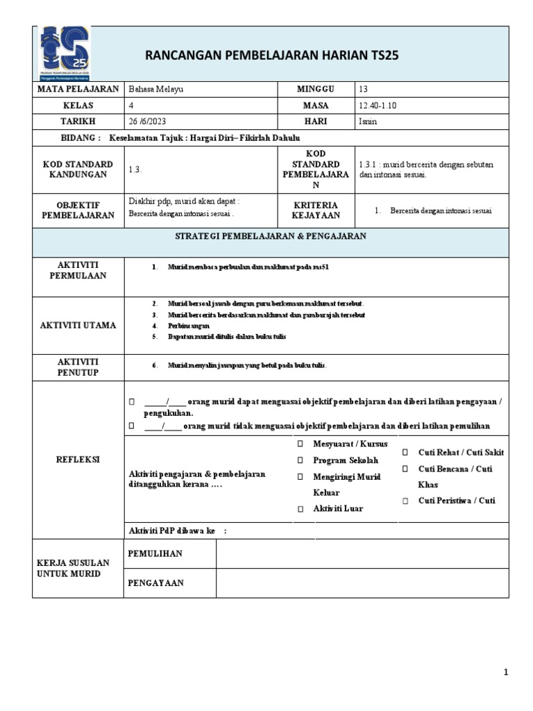 RPH BM Tahun 4 KSSR Semakan Unit 8 Hargai Diri | PDF