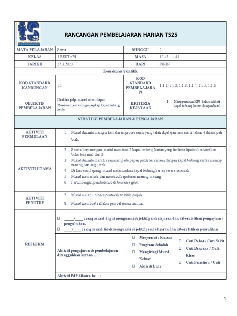 RPH SN Tahun 5 Unit 1 Kemahiran Saintifik | PDF