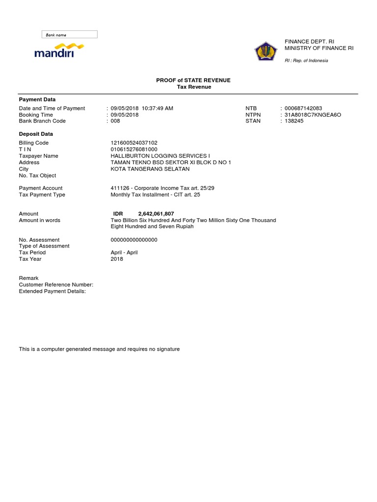 Proof of State Revenue Tax Revenue Payment Data: Bank Name | PDF