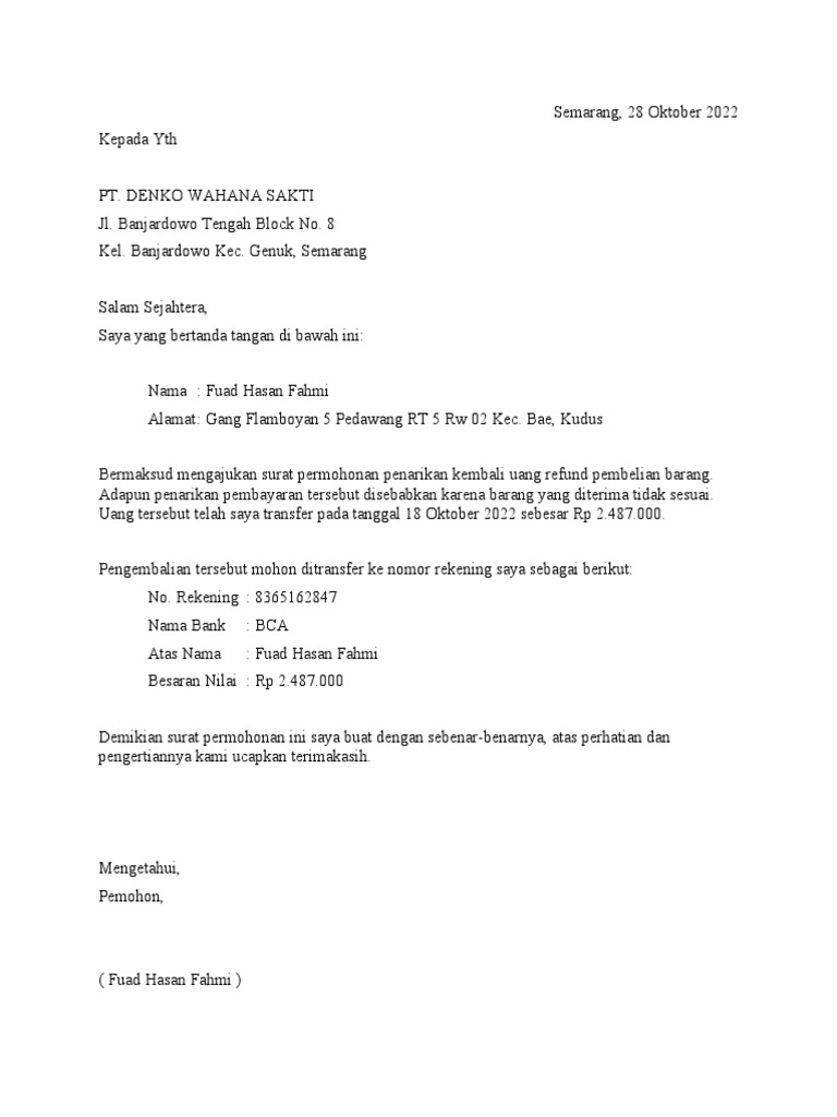 Surat Permohonan Refund Pembelian | PDF