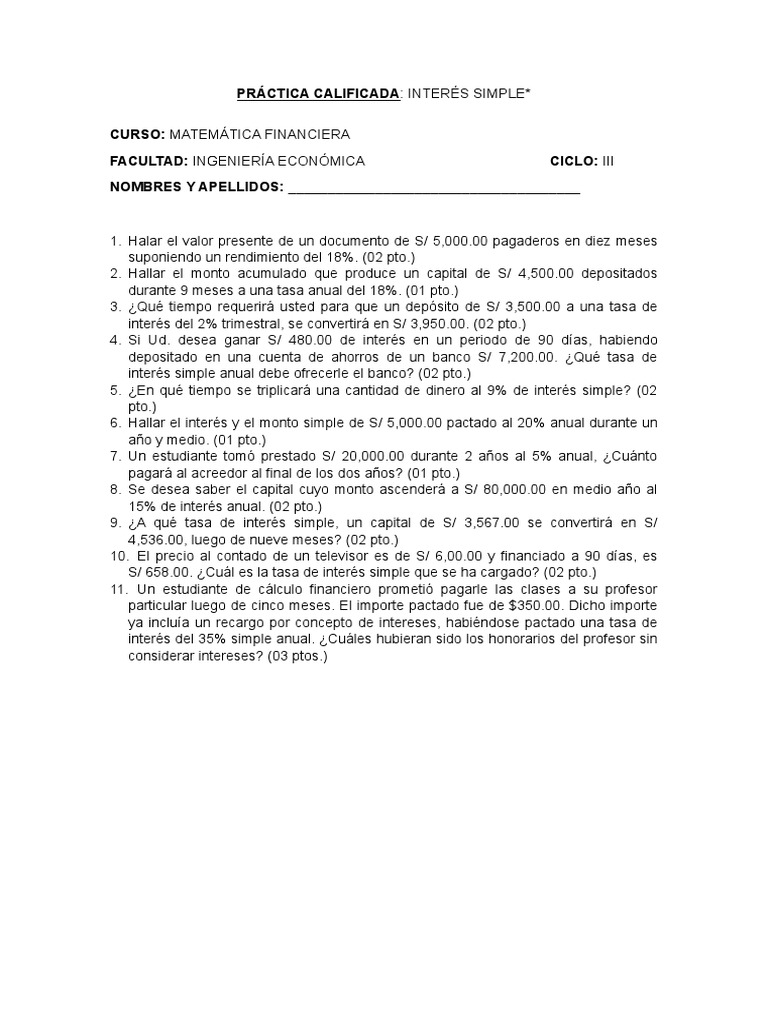 Práctica Calificada Interes Simple 2 | PDF