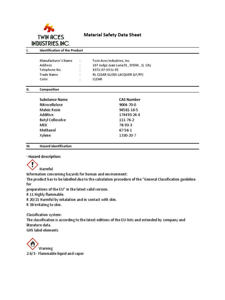RL Clear Gloss Lacquer MSDS Guide | PDF | Combustion | Personal ...