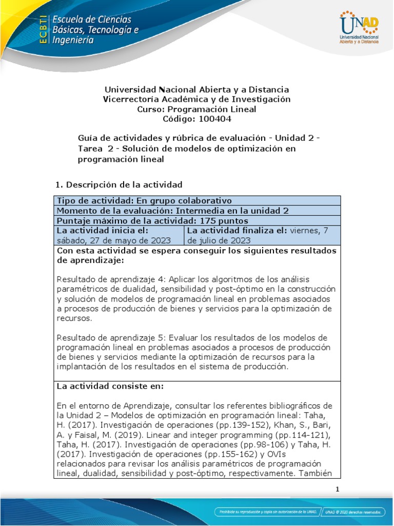 Guía de Actividades y Rúbrica de Evaluación - Unidad 2 - Tarea 2 - Solución de Modelos de ...