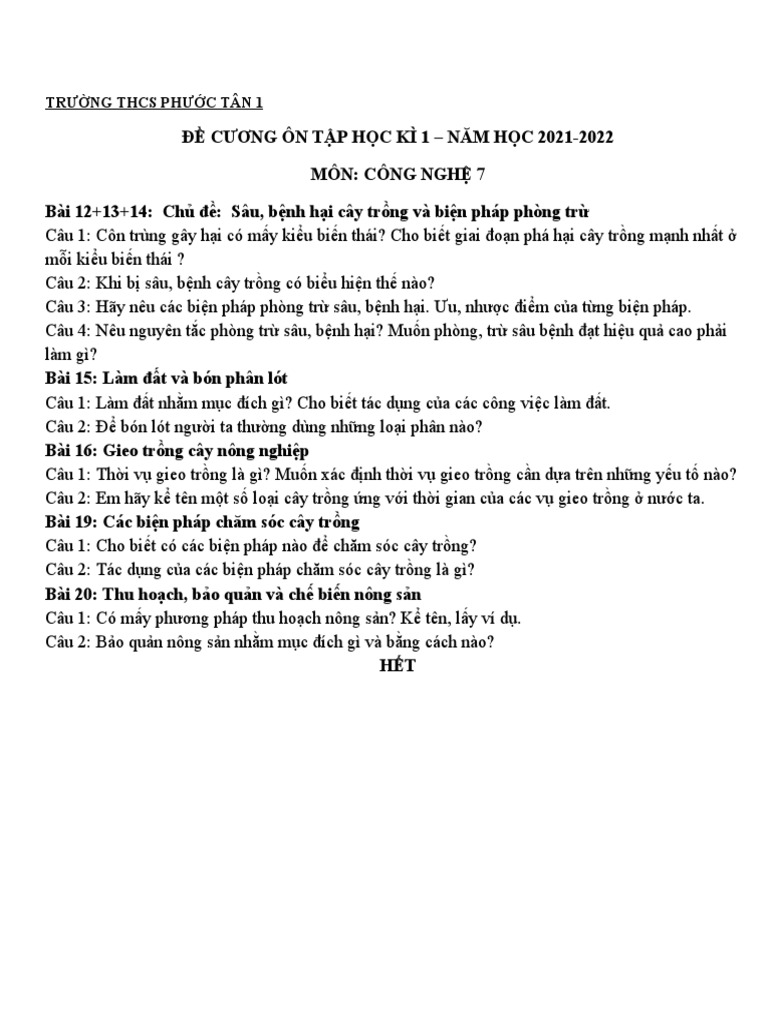 Đề Cương Ôn Tập HK1 CN7 (21-22) | PDF