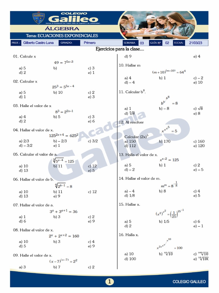 Álgebra - Ec. Exp. - 1° - Galileo - Pág1 | PDF