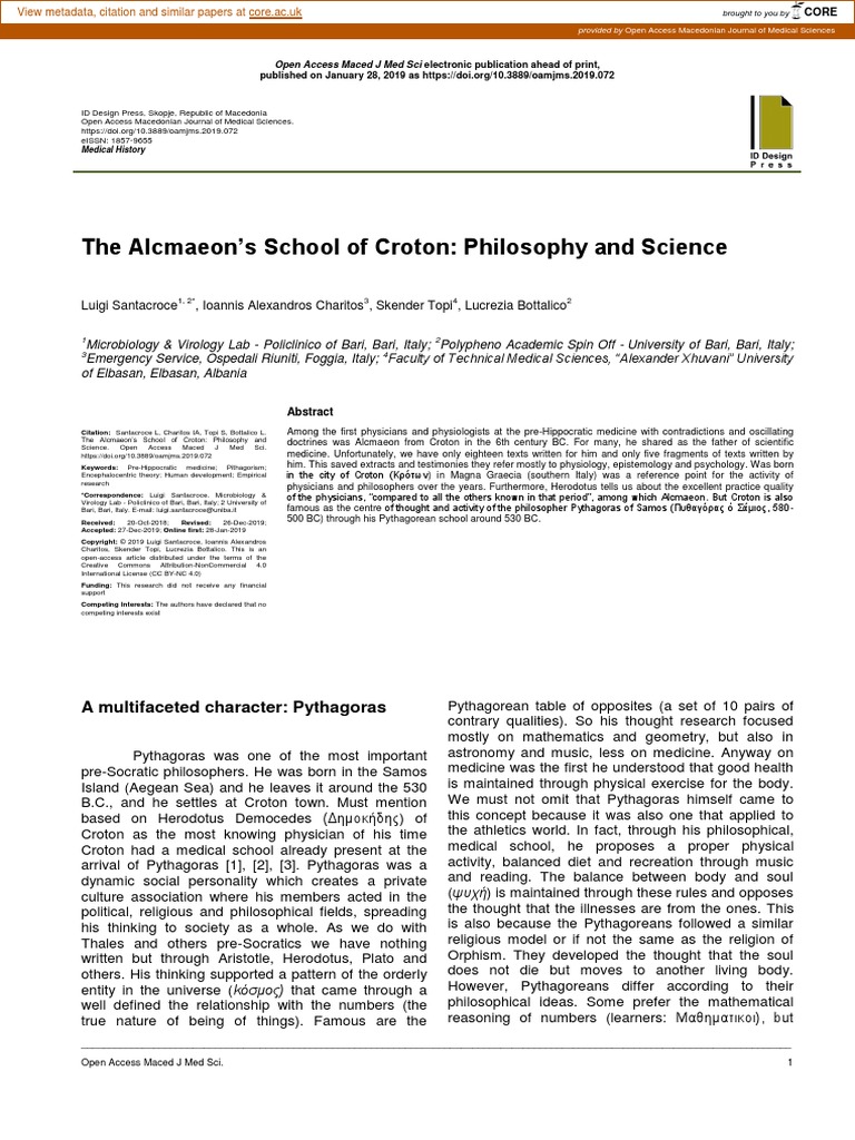 The Alcmaeon's School of Croton: Philosophy and Science: A Multifaceted ...