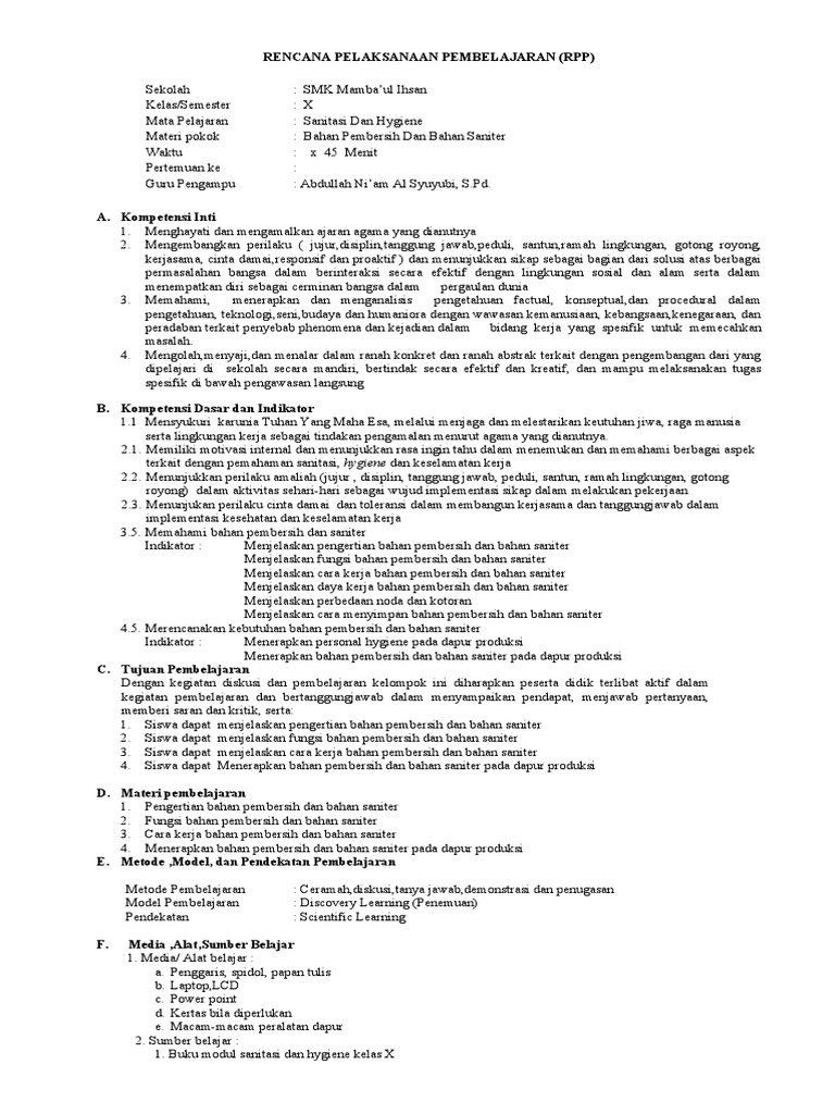RPP Bahan Pembersih Dan Saniter | PDF