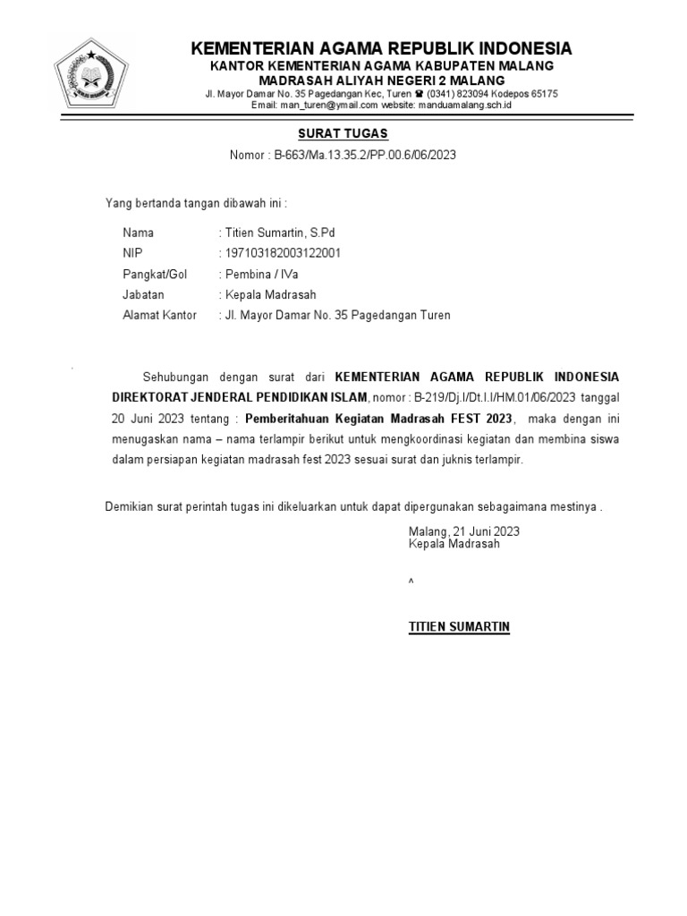 Surat Tugas Kegiatan Madrasah FEST 2023 | PDF