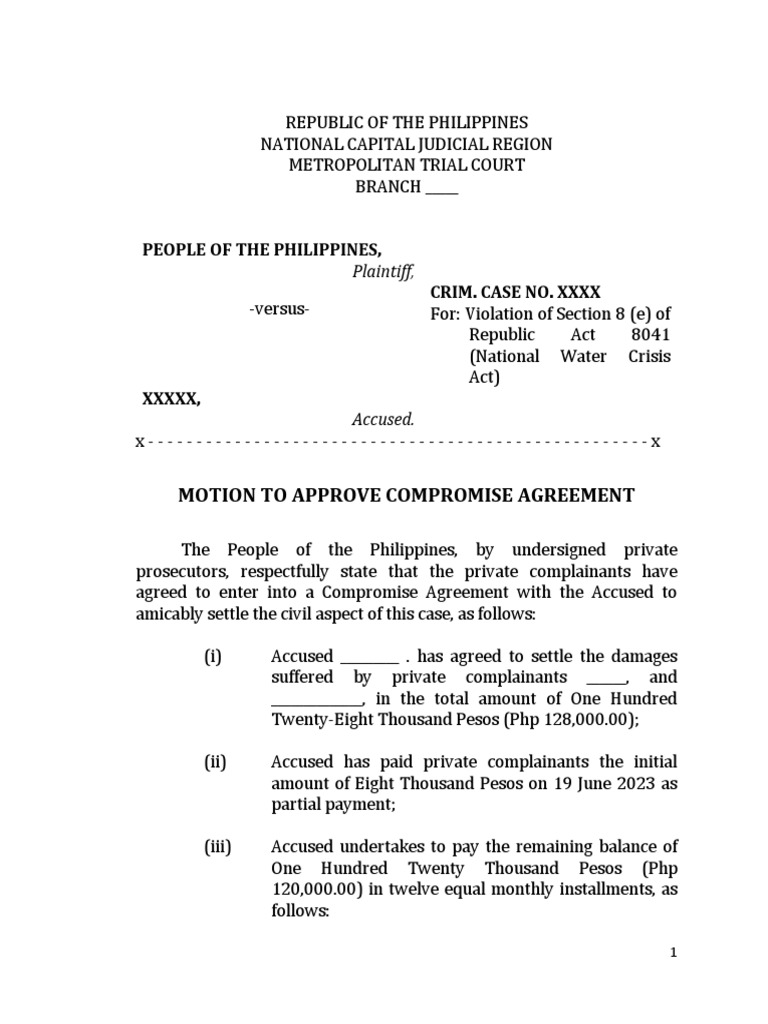 PP v. Gazzingan - Motion To Approve Compromise Agreement | PDF | Public Law | Common Law