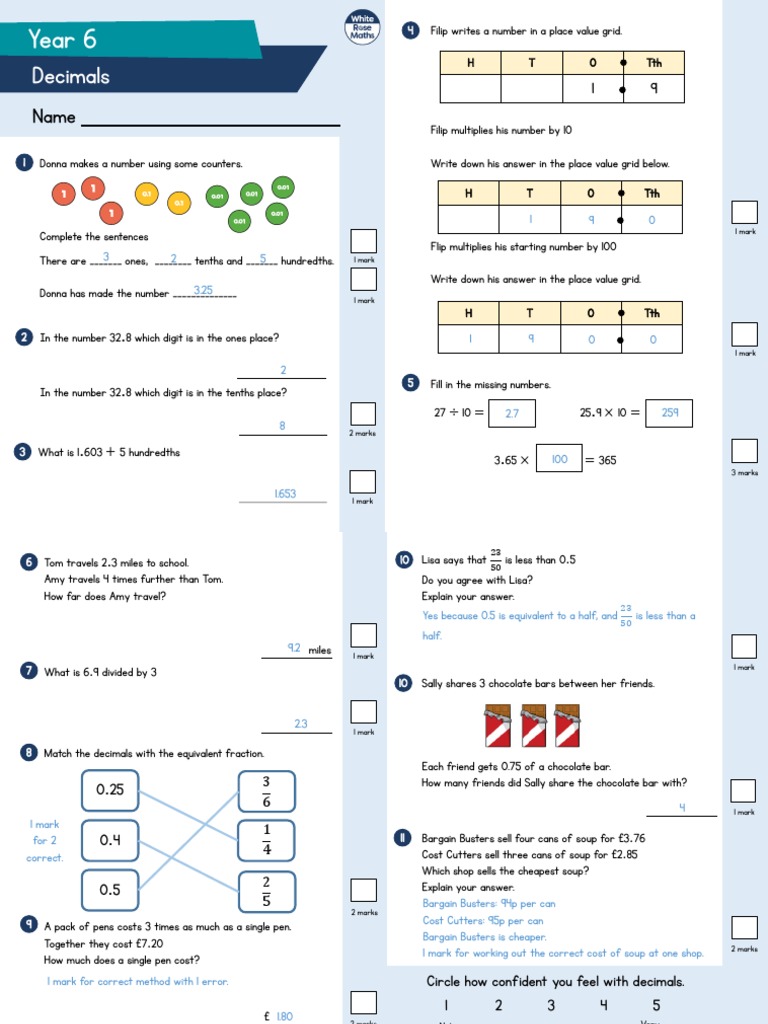Year 6 Decimals Practice Test | PDF | Mathematics | Naming Conventions