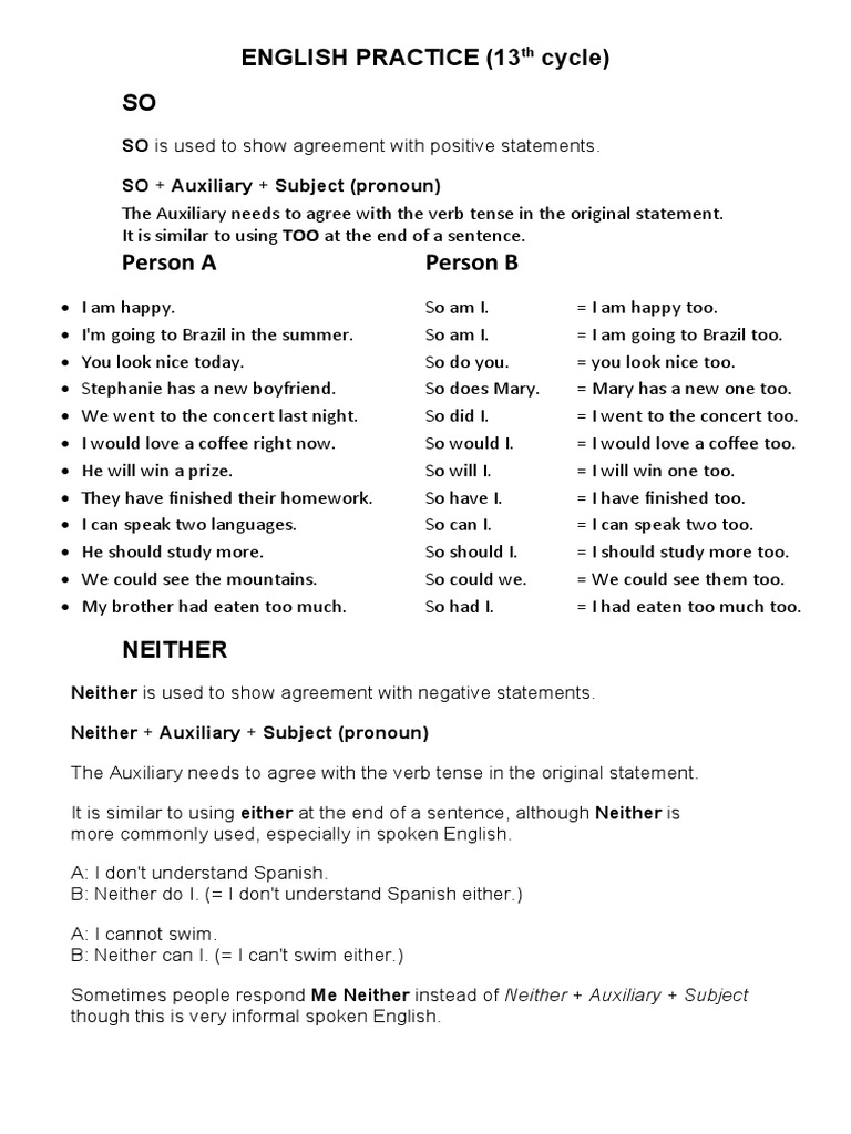 Agreement in English: So & Neither | PDF | Verb | English Language