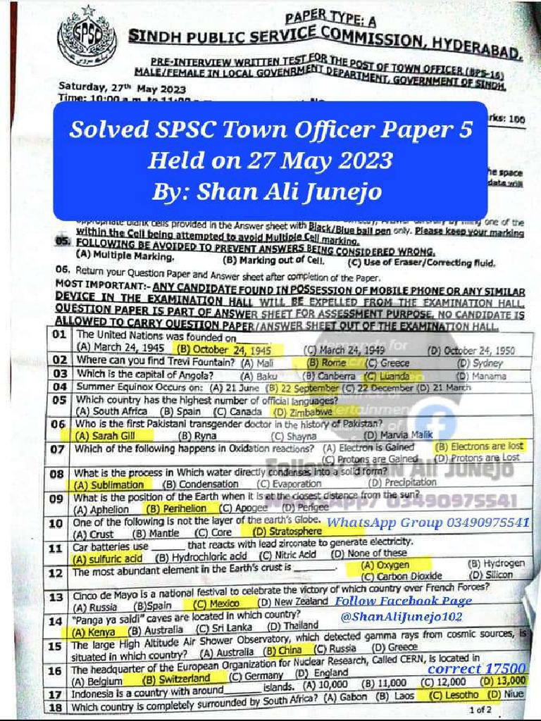 Solved SPSC Town Officer Paper 5 Held On 27 May 2023 @ShanAliJunejo102 ...