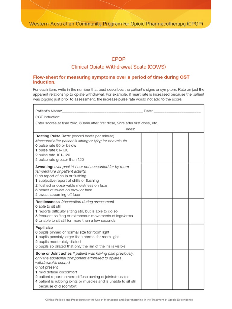 COWS Scale for Opioid Withdrawal Assessment | PDF | Opioid Use Disorder ...