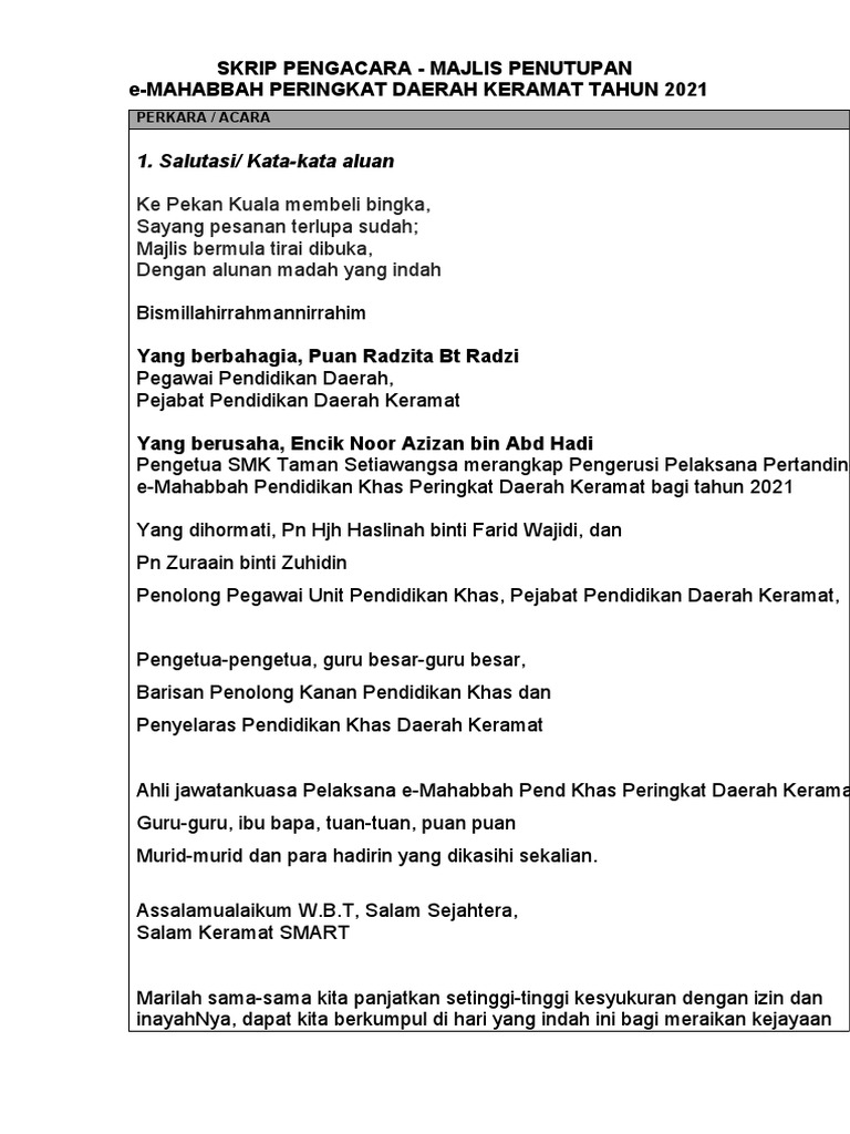 Skrip Emcee Majlis Penutupan e-Mahabbah PPD Keramat 2021 | PDF