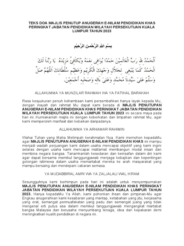 TEKS DOA MAJLIS PENUTUP PERTANDINGAN E | PDF