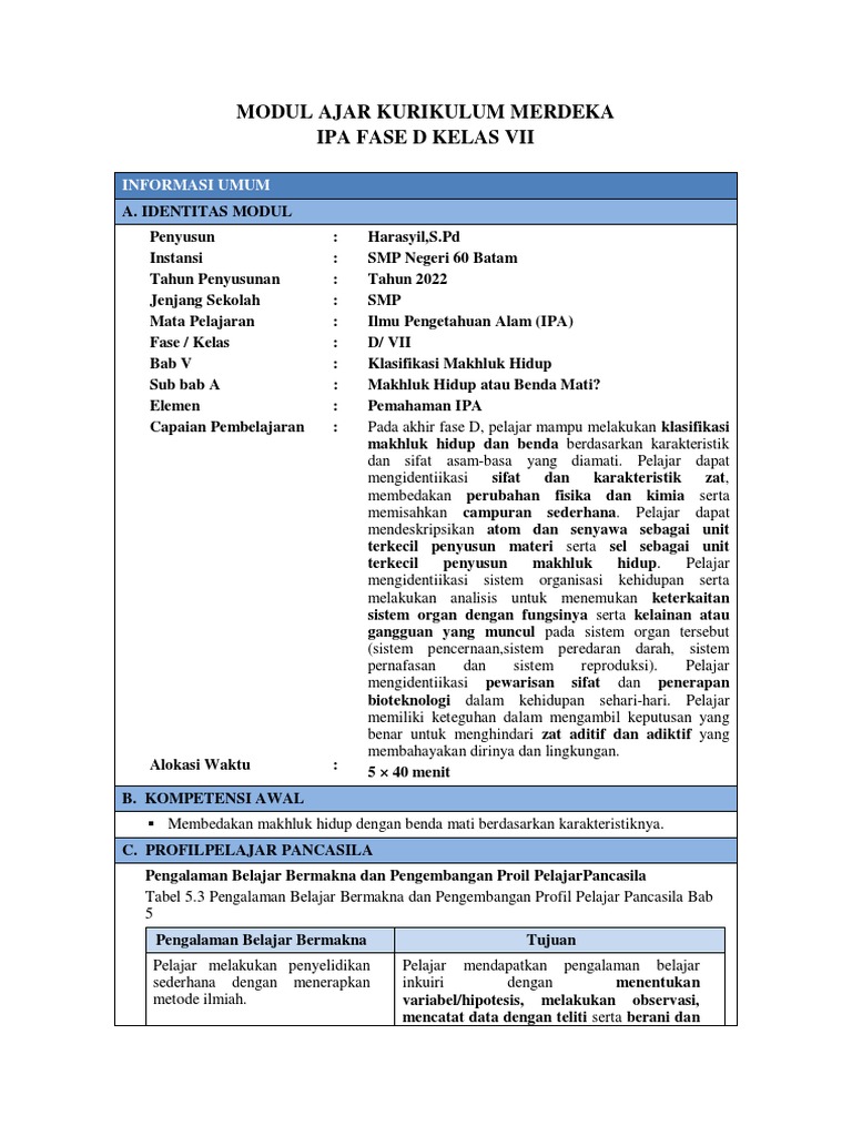 Modul Ajar IPA Kelas 7: Klasifikasi Makhluk Hidup | PDF