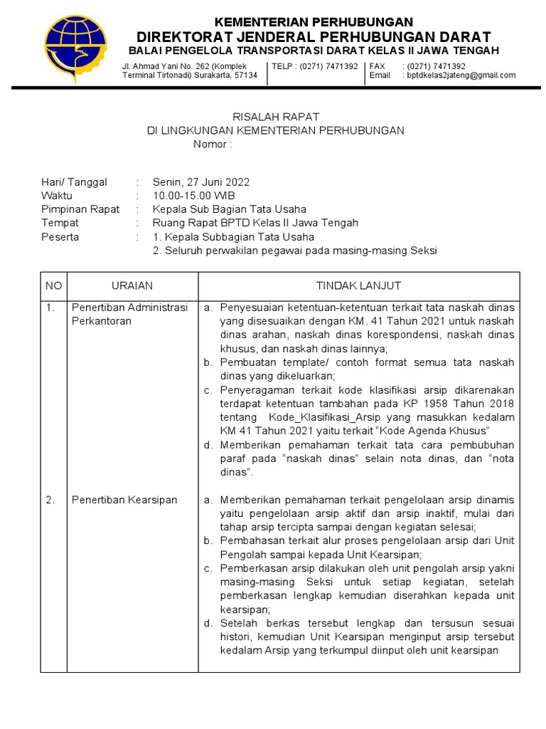Contoh Format Risalah - Notulen Rapat KM 41-2021 Sampel | PDF