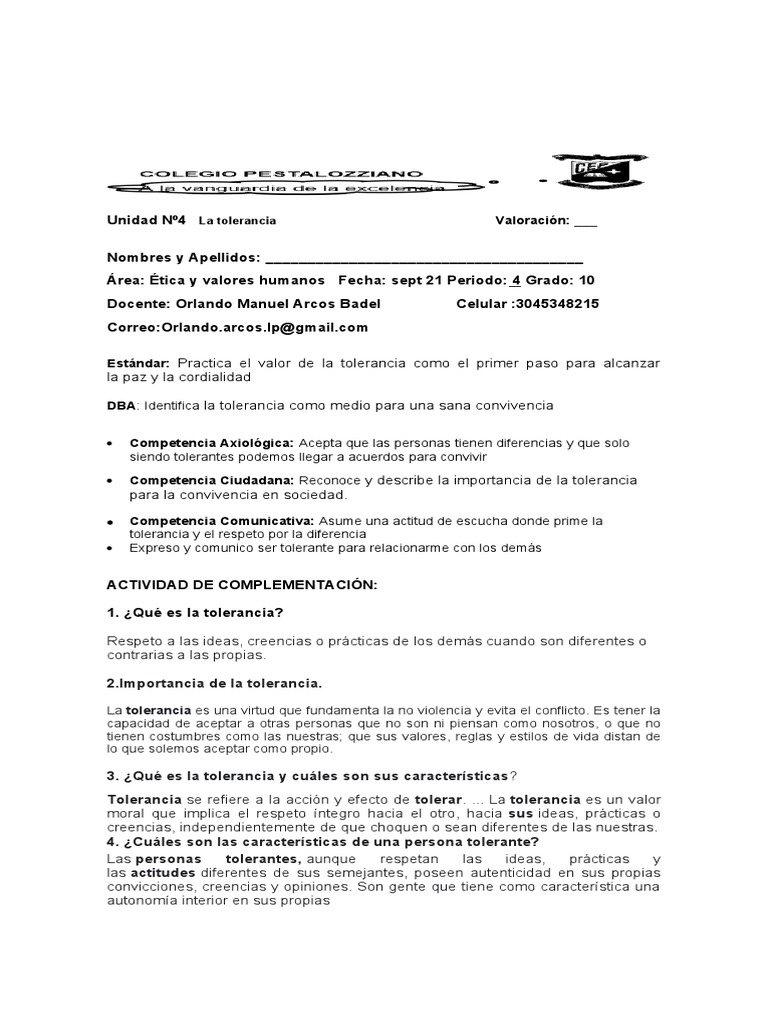 15.taller de Etica y Valores Humanos Unidad Nº4 La Tolerancia (Llena de Vida y de Amor) Periodo ...