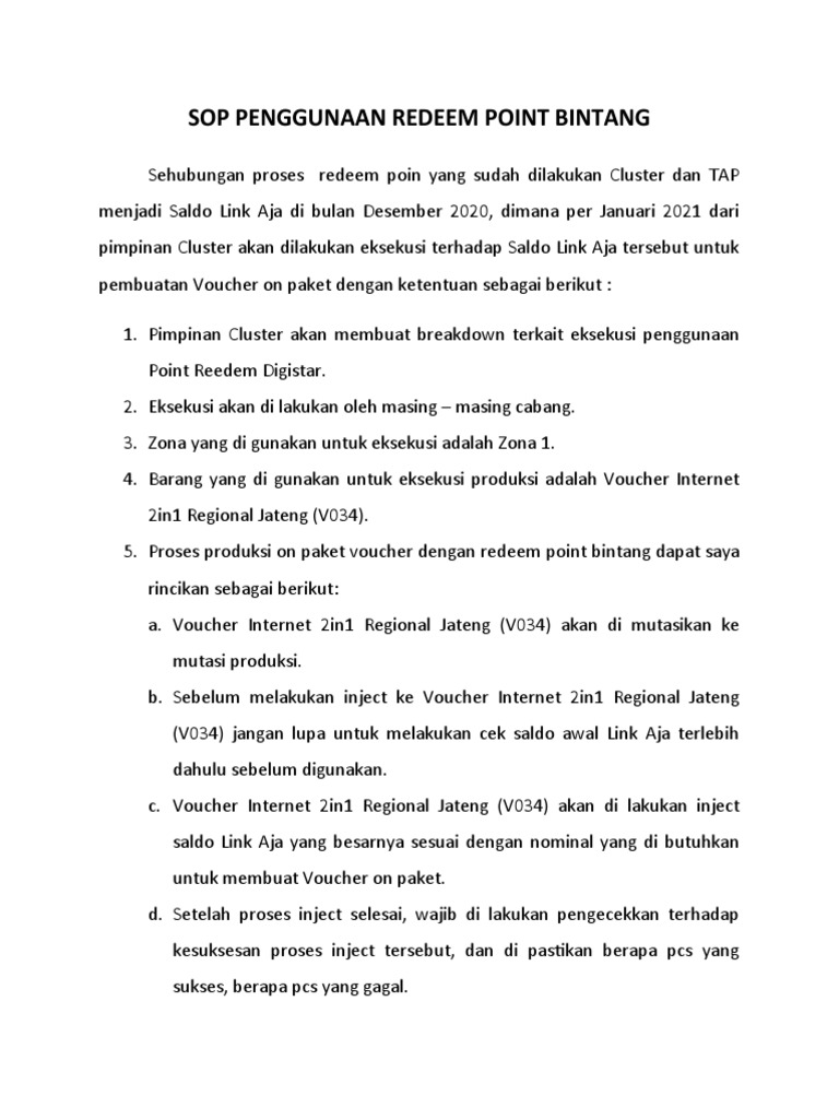 Sop Penggunaan Redeem Point Bintang | PDF