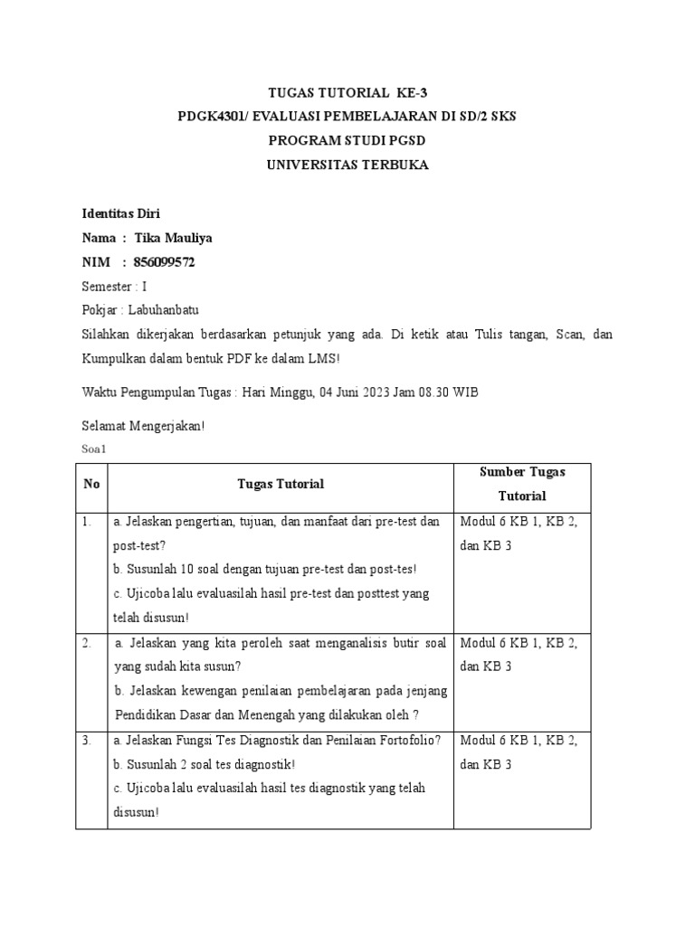 Tugas Tutorial 3 Evaluasi Pembelajaran Di SD Tika Mauliya | PDF