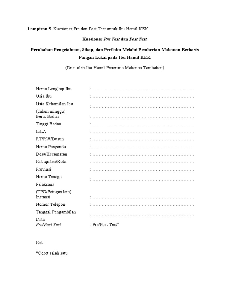 Lampiran 5. Kuesioner Pre Dan Post Test Untuk Ibu Hamil KEK | PDF